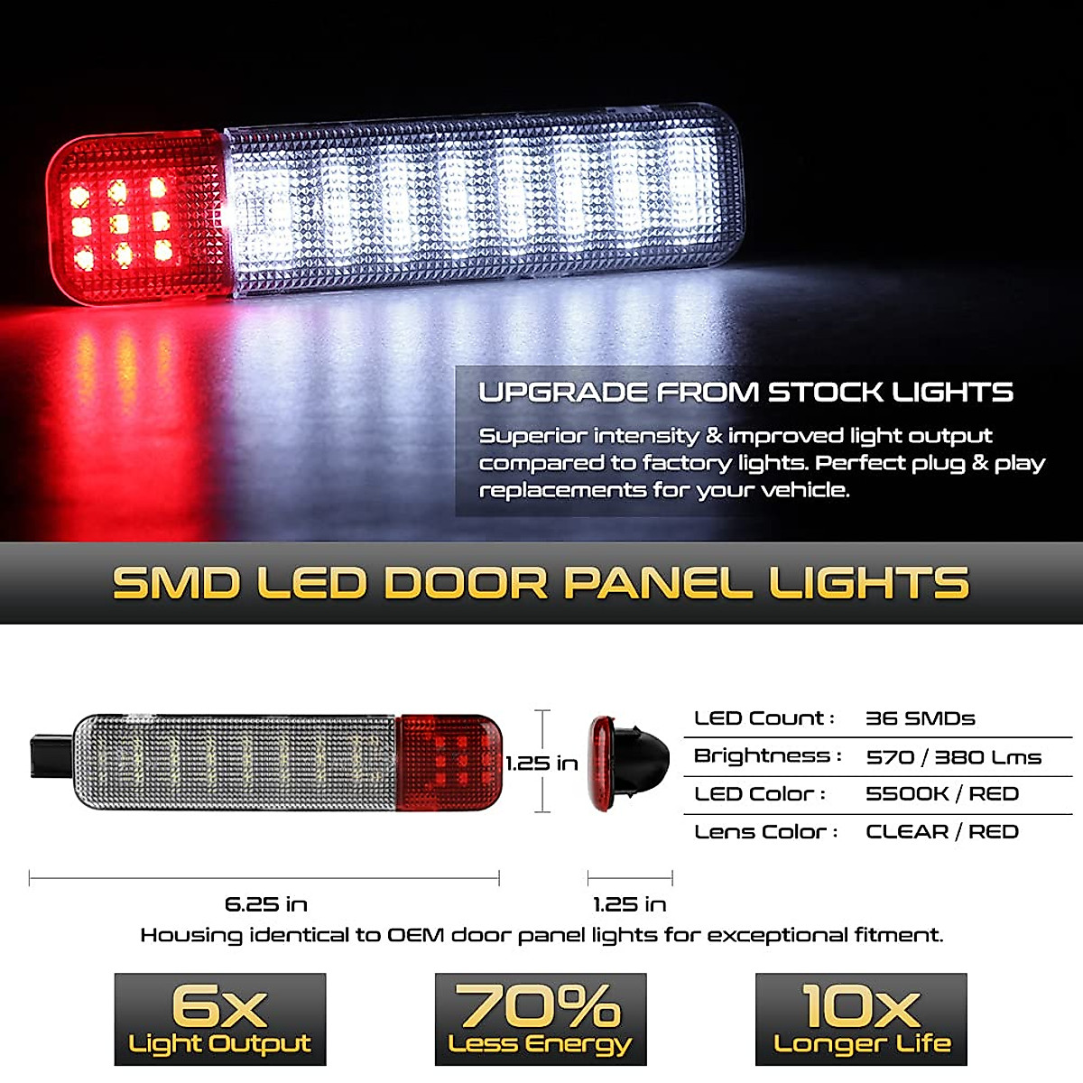 For Chevy GMC C/K Silverado Sierra 1500 2500 3500 Pickup Suburban Tahoe Avalanche Yukon XL Cadillac Escalade Hummer H2 Full LED White & Red Interior Side Door Panel Lights Courtesy Reflector Lamps Set