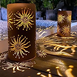 pearlstar Outdoor Solar Table Lamp 2pack Metal Sunflower Shape Solar Lantern Lights, Retro Orange Finish, Outside Decor for Patio Garden Yard Pathway Tabletop Waterproof(Sunflower)