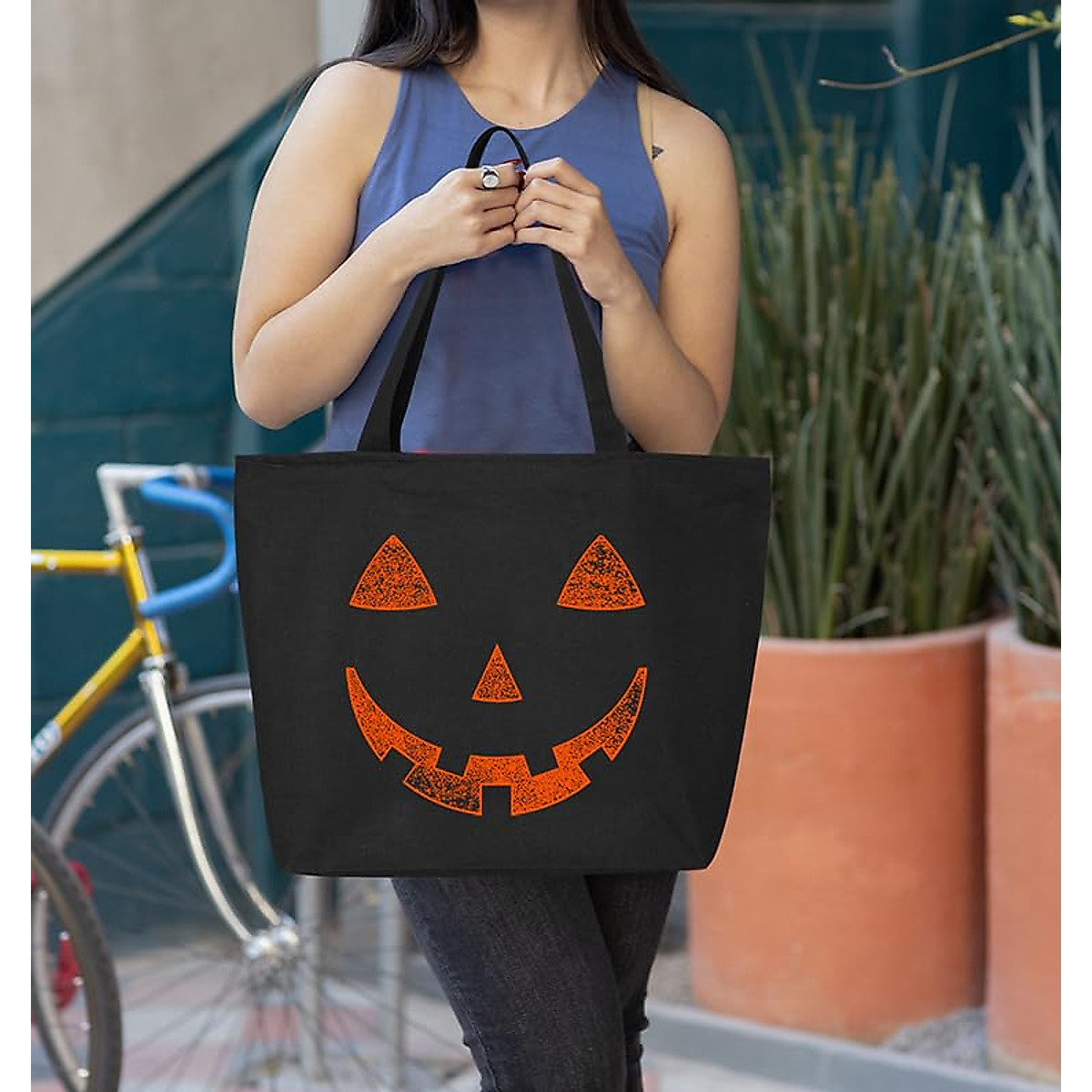 shop4ever Orange Jack O' Lantern Pumpkin Face Halloween Trick or Treat Heavy Canvas Tote with Zipper Reusable Shopping Bag Black ZIP 1