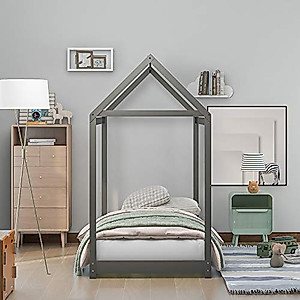 LIADTOP Twin Size Wooden House Bed,Wooden Twin Platform Bed Frame with Headboard and Footboard, Roof Design, for Toddlers Kids Boys Girls Teens,No Box Spring Needed,Grey(New)