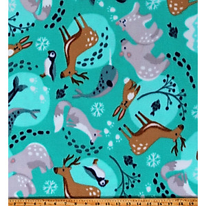 Fleece Polar Pals Winter Woodland Animals Deer Bunnies Penguins Polar Bears Narwhals Foxes Seals Kids Turquoise Fleece Fabric Print by The Yard (53677-1)