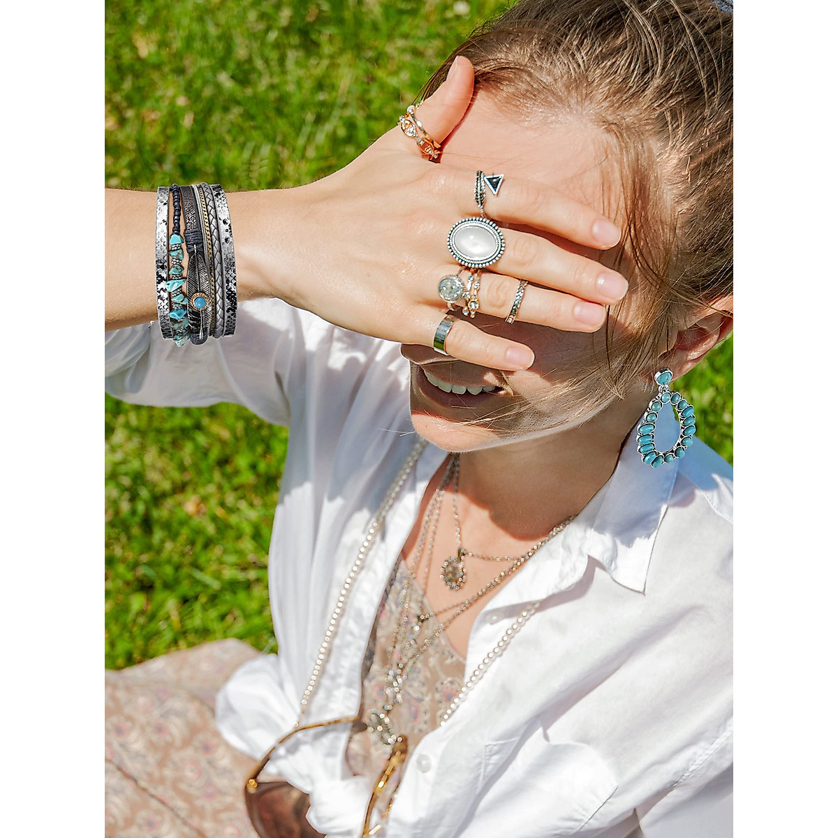 Inbagi 3 Pcs Western Jewelry for Women Bohemian Set, Boho Pendant Long Choker, Faux Leather Layered Bracelet, Dangle Earrings(Elegant Style)