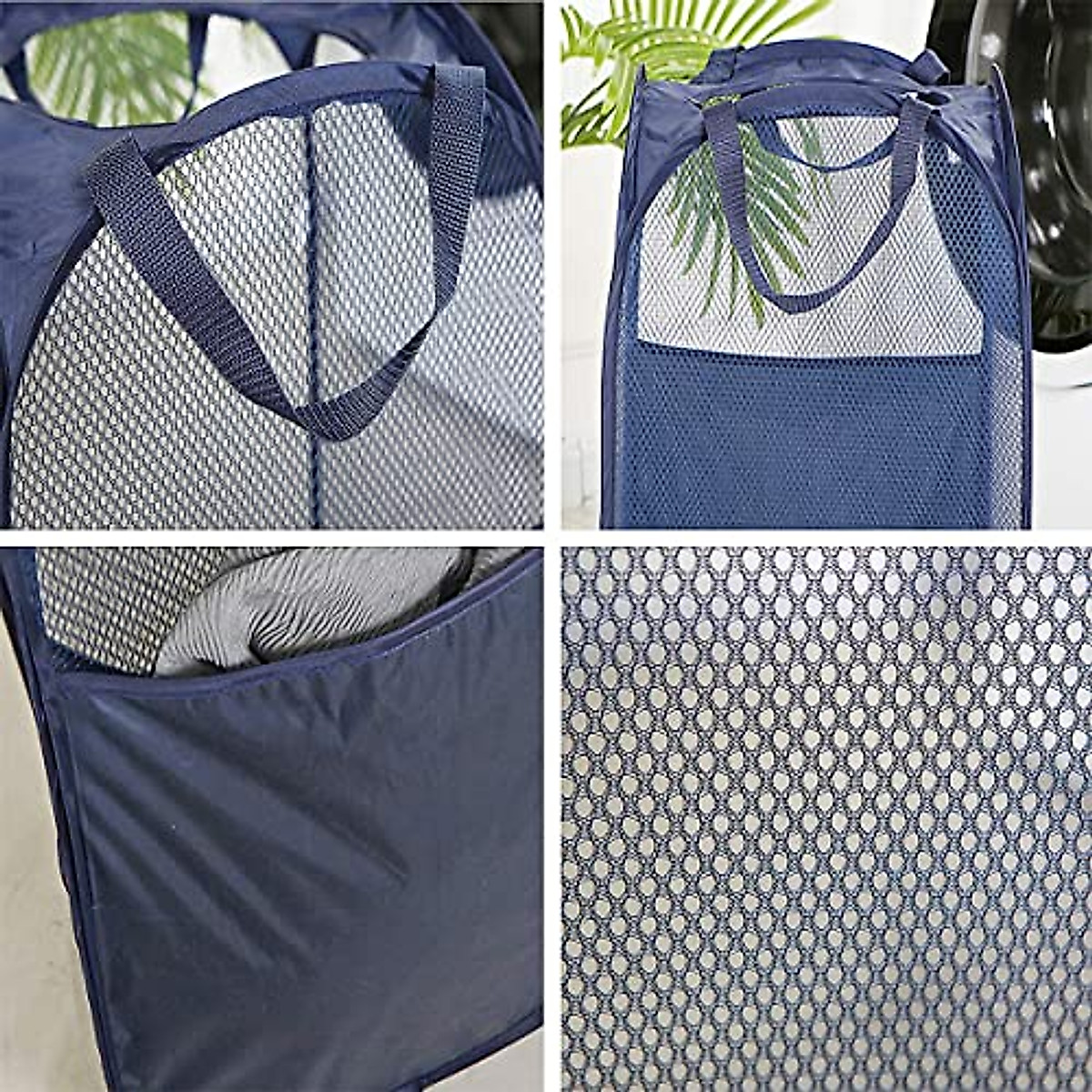 BENJUNC 2 laundry baskets, pop-up laundry baskets, foldable mesh laundry baskets (each with 2 reinforced handles), black + blue…