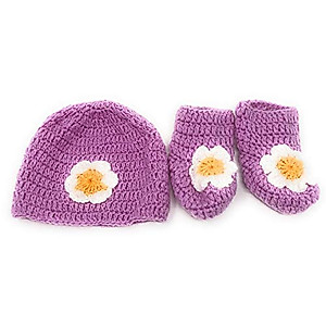 Hand Made 3 Piece Knitted Purple Baby Toddler Girl Button up Warm Crochet Set- Newborn Toddler Wool Sweater Set Includes Booties & hat 0-6 Months