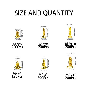 Rrina 1150Pcs M2 M3 Gold Plate Carbon Steel Small Screws Phillips Flat Head Cross Self Tapping Tiny Screw Cabinet Electronic Accessories Screw DIY Micro Woodworking Mini Screw Assortment Kit