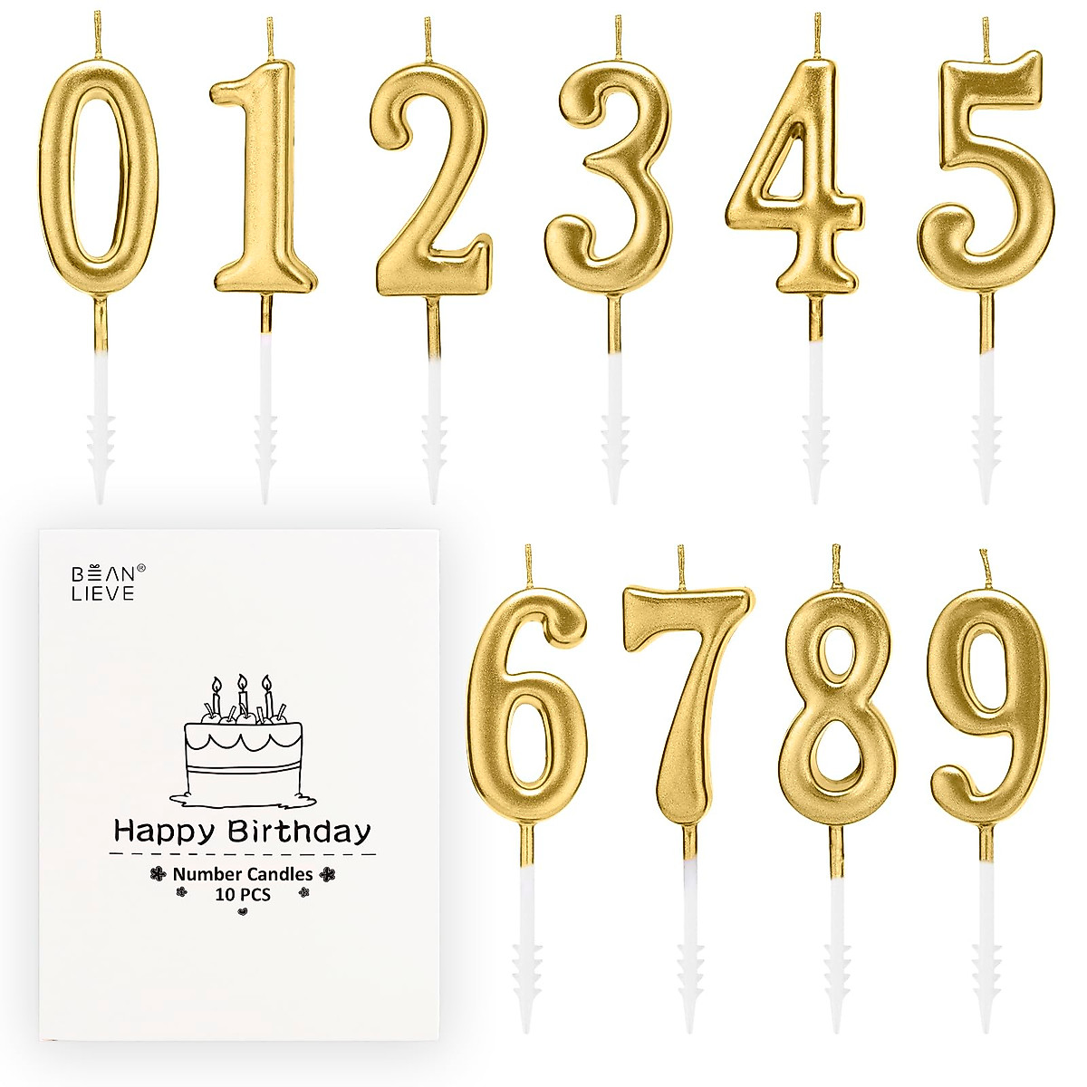 Beanlieve 10-Pieces Numeral Birthday Candles - Cake Numeric Candles Number 0 1 2 3 4 5 6 7 8 9,Used for Cake Decoration on Birthday Parties and Wedding Anniversary Celebrations(Champagne Gold)