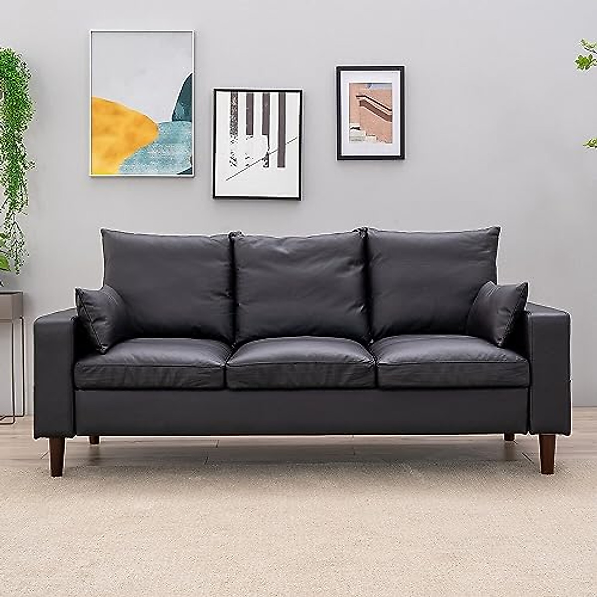 Panana Couch 3 Seater Loveseat Sofa with Storage Pockets for Living Room, Upholstered Faux Leather Sofa with 2 Pillows, Cushion Back Sofa for Bedroom, Home Office, Apartment