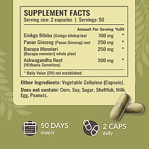HERBAMAMA Brain Support Capsules - 1400mg Energy and Brain Support Supplement for Adults with Bacopa, Panax Ginseng and Ginkgo Biloba - Vegan, Non-GMO Focus Supplement, 100 Caps