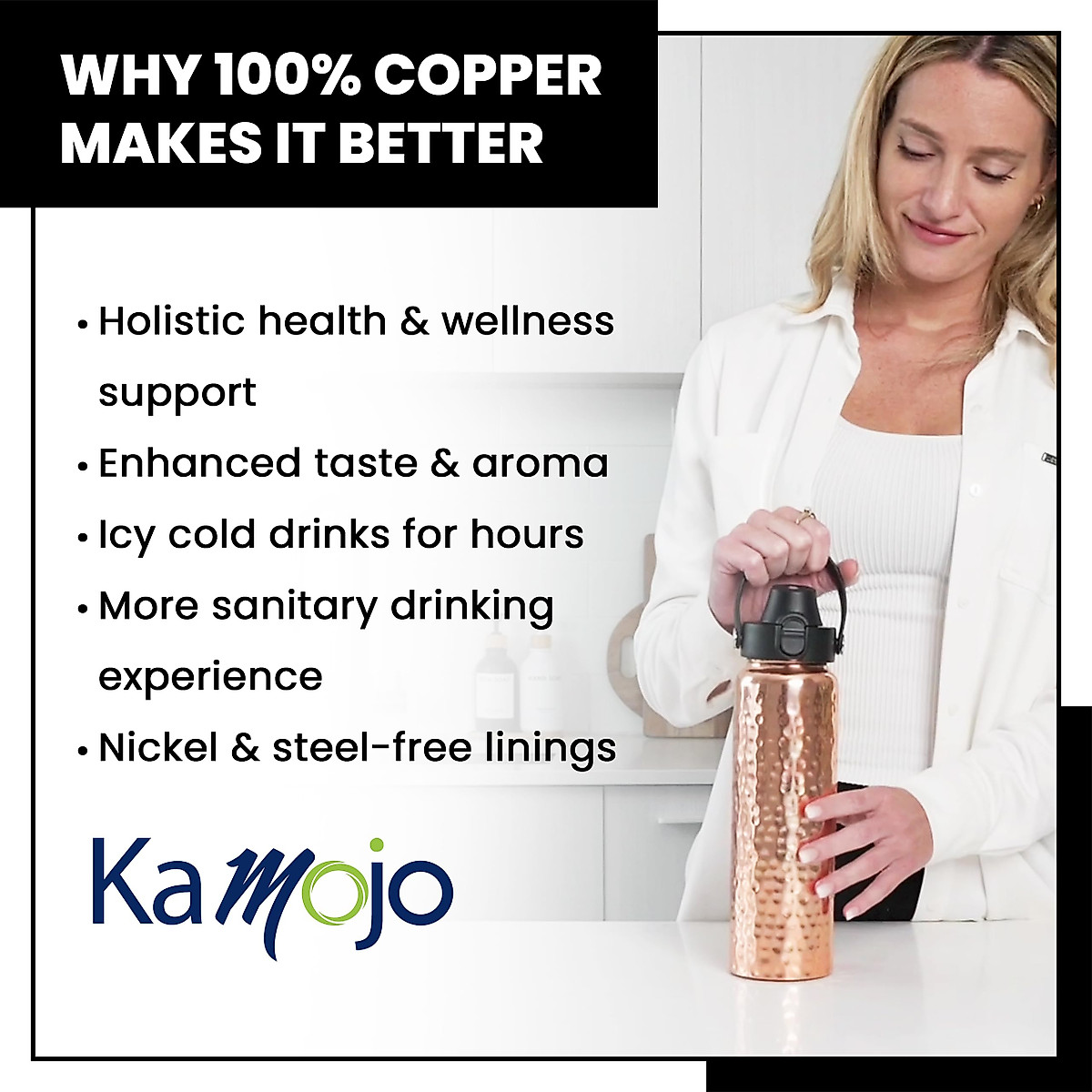 Copper Water Bottle for Drinking - Hammered Pure Copper Water Bottle with Push Button Lid, Removable Sleeve & Copper Straw - Handcrafted Water Bottle Copper Cup 32 fl oz