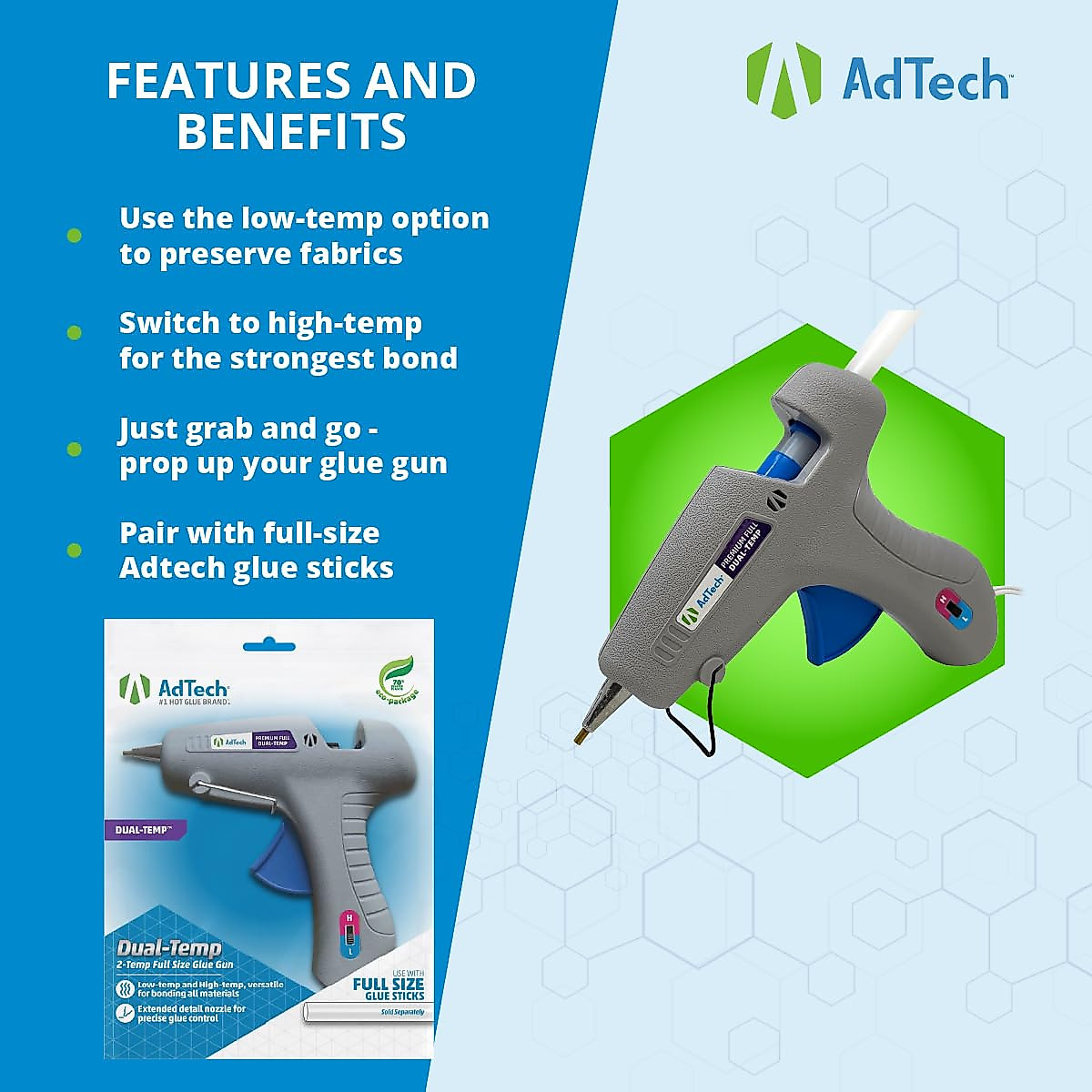 AdTech 0453 2-Temp Dual Temperature Hot Glue Gun Full Size, White