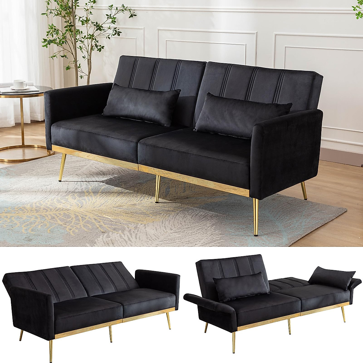 DANNRATCH 2 Pieces Velvet Sofa Set Convertible Sleeper Sofa Tufted Couch Bed with Adjustable Armrests and Backrest, Modern Loveseat Sleeper Bed with 2 Bolster Pillows for Living Room, Bedroom, Black