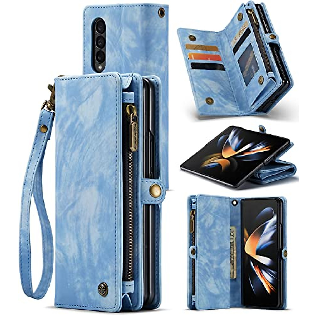 Zttopo for Samsung Galaxy Z Fold 4 Case, 2 in 1 Galaxy Z Fold 4 Wallet Case with Premium Leather Zipper Lanyard Card Holder, Durable Wristlet Flip Case Wallet Money Pocket Cover, Sky Blue