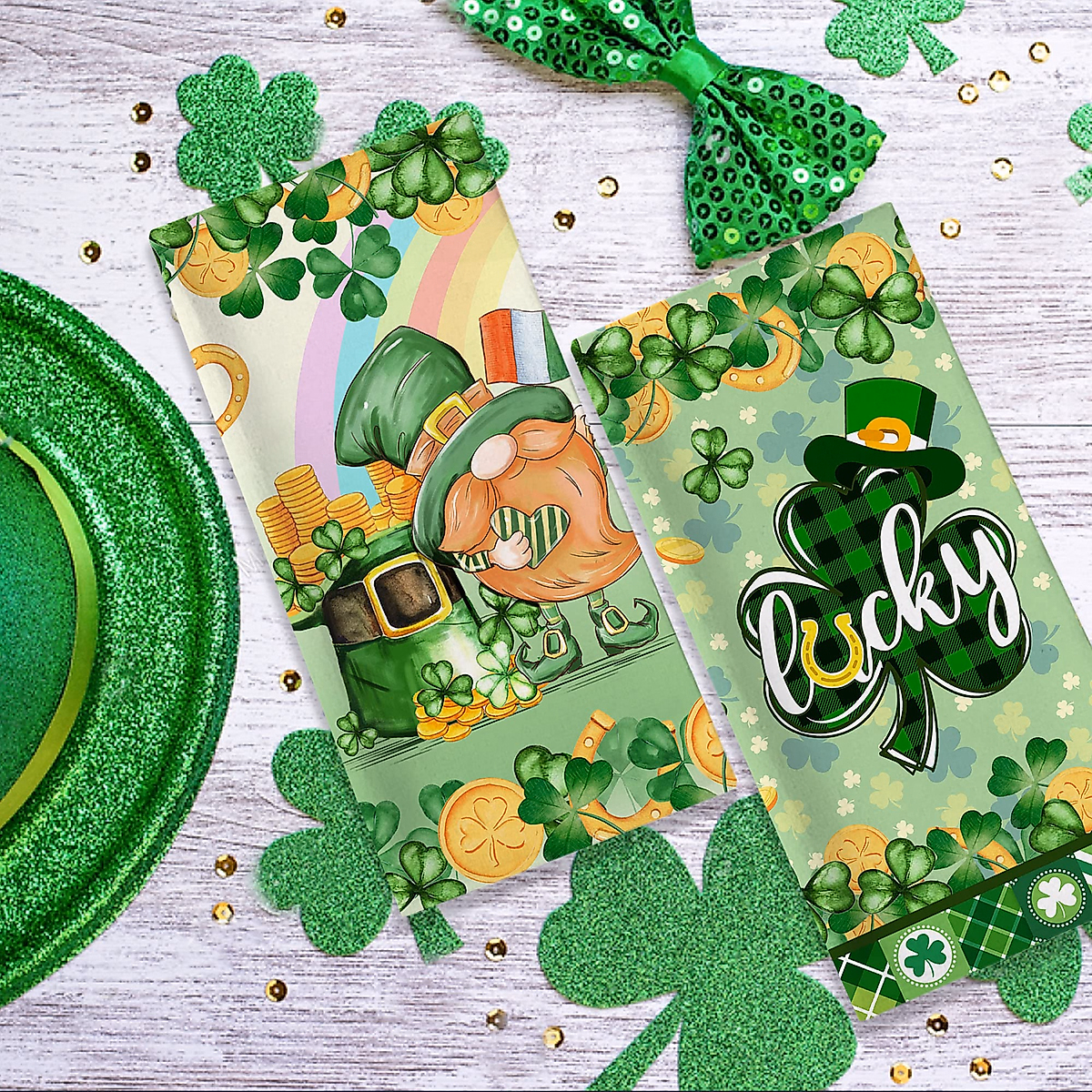 Unibyby St Patricks Day Kitchen Towels, St Patricks Day Towels Set of 2, St Patrick's Day Dish Tea Towels for Bathroom with Leprechaun Gnomes Shamrocks Lucky Decorations for Home (18x28 Inches)