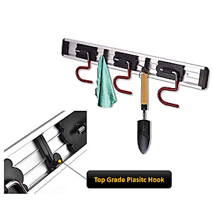 Mop Broom Holder Wall Mount QBOSO Aluminum Metal S Type Cleaning Tool Organizer Hanger Rack for Kitchen Garage Garden Holds Up to 5 Tools 17 In (3 Positions 2 Hooks Red black)