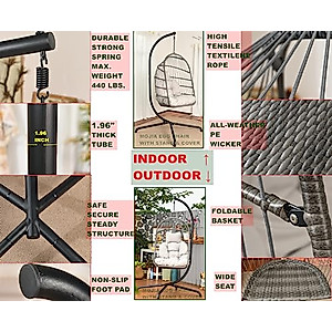 MOJIA Egg Chair with Stand and Oxford Cover, 450lbs Capacity Patio Wicker Hanging Swing Chair Indoor Outdoor with UV Resistant Cushion and Foldable Seat Basket