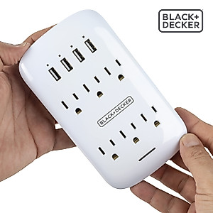 BLACK+DECKER Surge Protector Wall Mount with 6 Grounded Outlets, 4 USB Charging Ports, Sleek Power Adapter Tap and USB Wall Charger with Indicator Light, Auto Shutdown - 3-Prong Power Outlet Plug