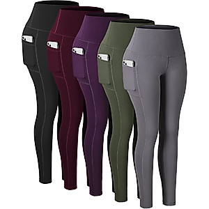 CHRLEISURE Leggings with Pockets for Women, High Waisted Tummy Control Workout Yoga Pants(5 Packs, Black,Gray,Green,Purple,Cassis, S)