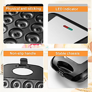 Mini Donut Maker Machine for Home, Kid-Friendly 16-Hole Electric Doughnut and Pancake Maker with Non-Stick Surface, Ideal for Homemade Doughnuts (Black with 1 Pair Mini Oven Gloves & Brush)