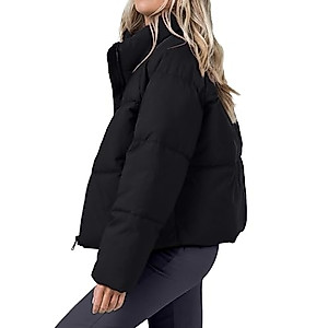 Womens Winter Puffer Jacket Cropped Long Sleeve Zip Up Baggy Short Down Coats with Pockets Black M
