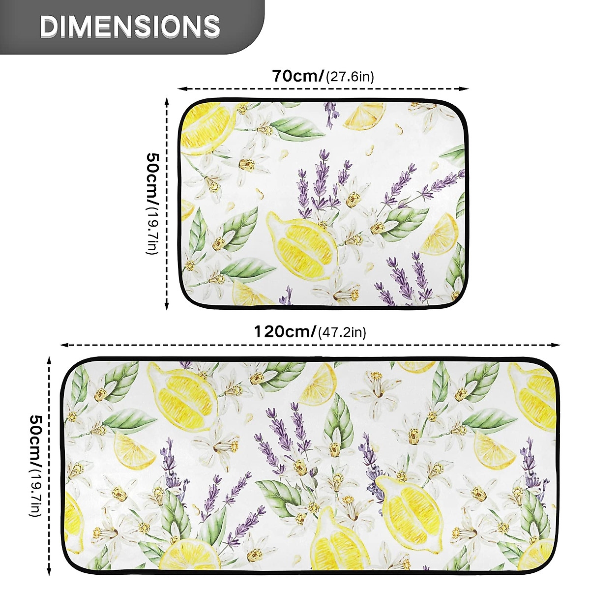 Lemon Fruits Flowers Lavender Kitchen Mat Set of 2 Anti-Fatigue Kitchen Rug Set Washable Foam Cushioned Non Slip Kitchen Runner Rugs and Mats Comfort Standing Mat for Floor Home Decor Doormat