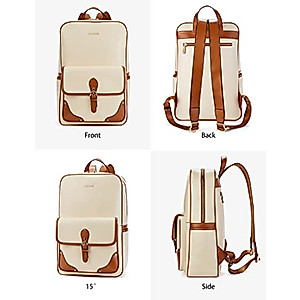 BOSTANTEN Leather Laptop Backpack for Women 15.6 inch Computer Bag Stylish College Daypack Travel Bag Off-white with Brown