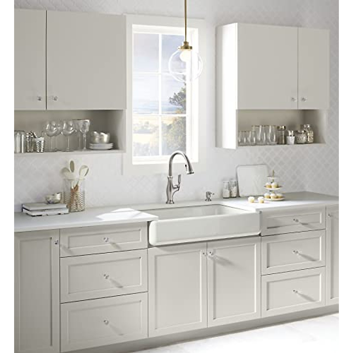 KOHLER K-6426-0 Whitehaven Farmhouse Smart Divide Self-Trimming Undermount Apron Front Double-Bowl Kitchen Sink with Short Apron, 35-1/2-Inch X 21-9/16-Inch X 9-5/8-Inch, White