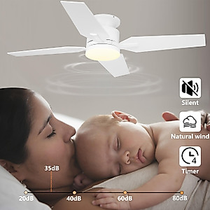 Ohniyou Ceiling Fan with Lights Flush Mount,40'' Small Ceiling Fans with Lights and Remote Control,Indoor Outdoor Quiet DC White Low Profile Ceiling Fan for Patio Kitchen Dining Room Bedroom