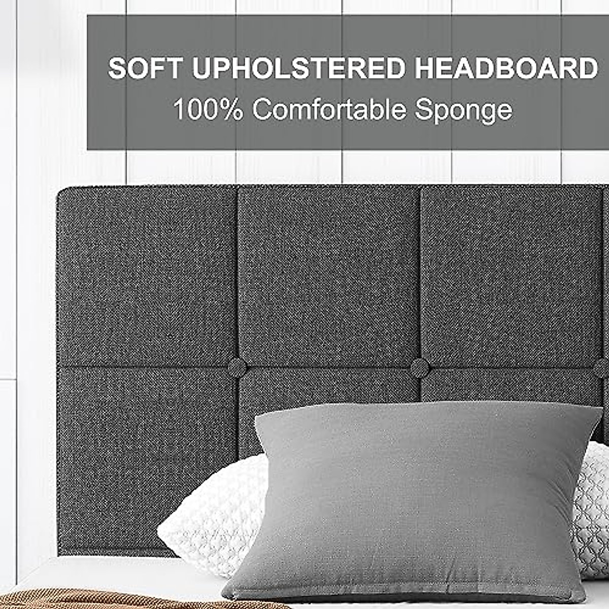 Molblly Full Size Bed Frame with Upholstered Headboard, Platform Bed Frame with Sturdy Wood Slat, Linen Fabric Wrap, Non-Slip and Noise-Free,No Box Spring Needed, Easy Assembly, Grey