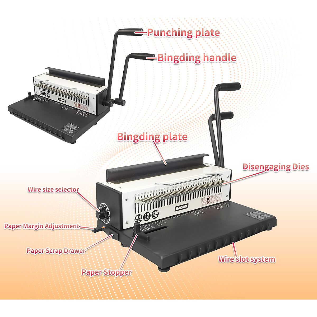 Rayson TD-1500B34 Binding Machine, Square Size Holes, 3:1 Pitch Wire-O Binder Punch 15 Sheets/Bind 130 Sheets with Sturdy Metal Construction