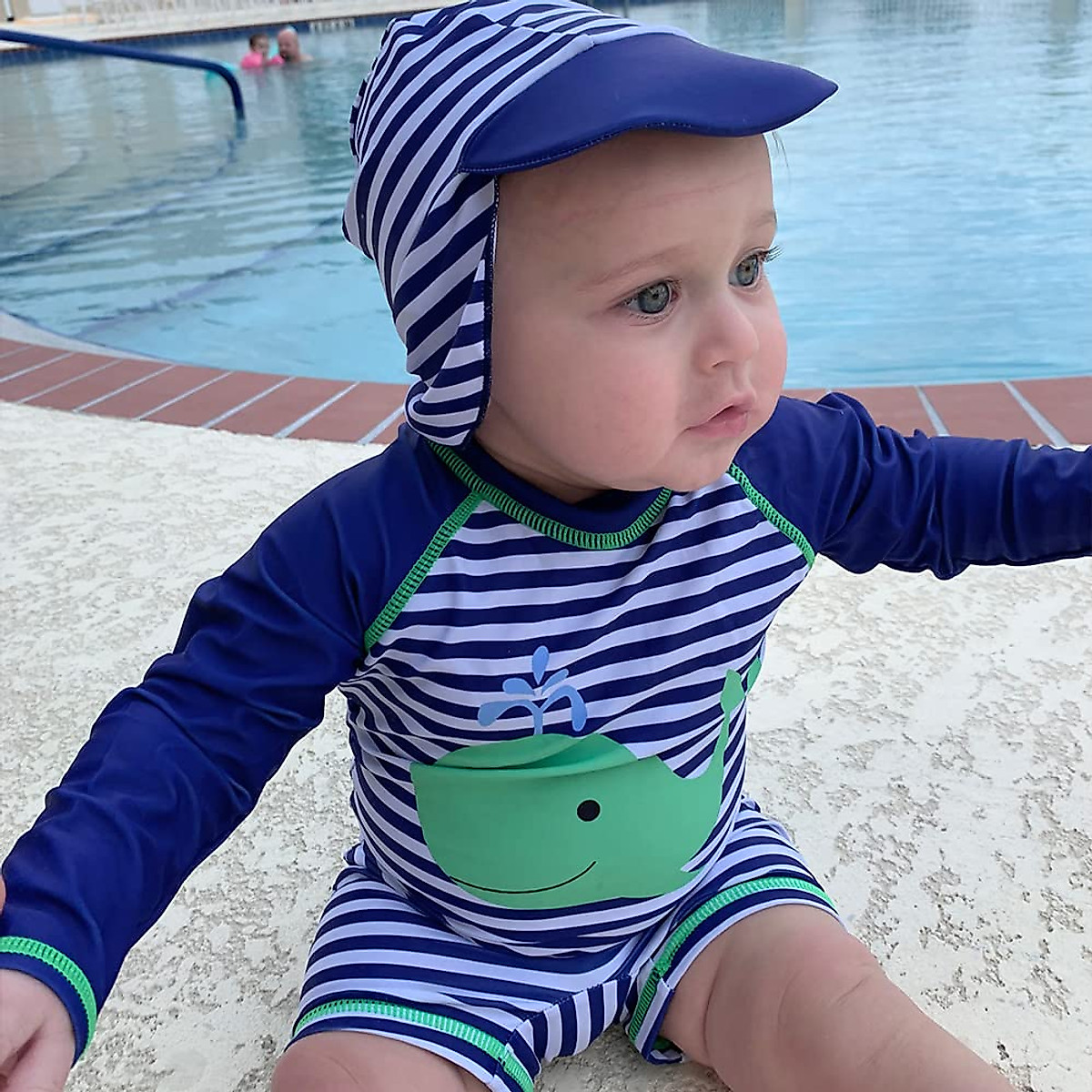 Toddler Boy Swimsuit 6-12 Months Baby Boys One Piece Sunsuit with Sun Hat Long Sleeve Whale Zip Bathing Suit Green Swimwear