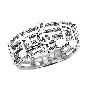 Sterling Silver Treble Clef with Musical Notes Band Ring(Size 8.25)