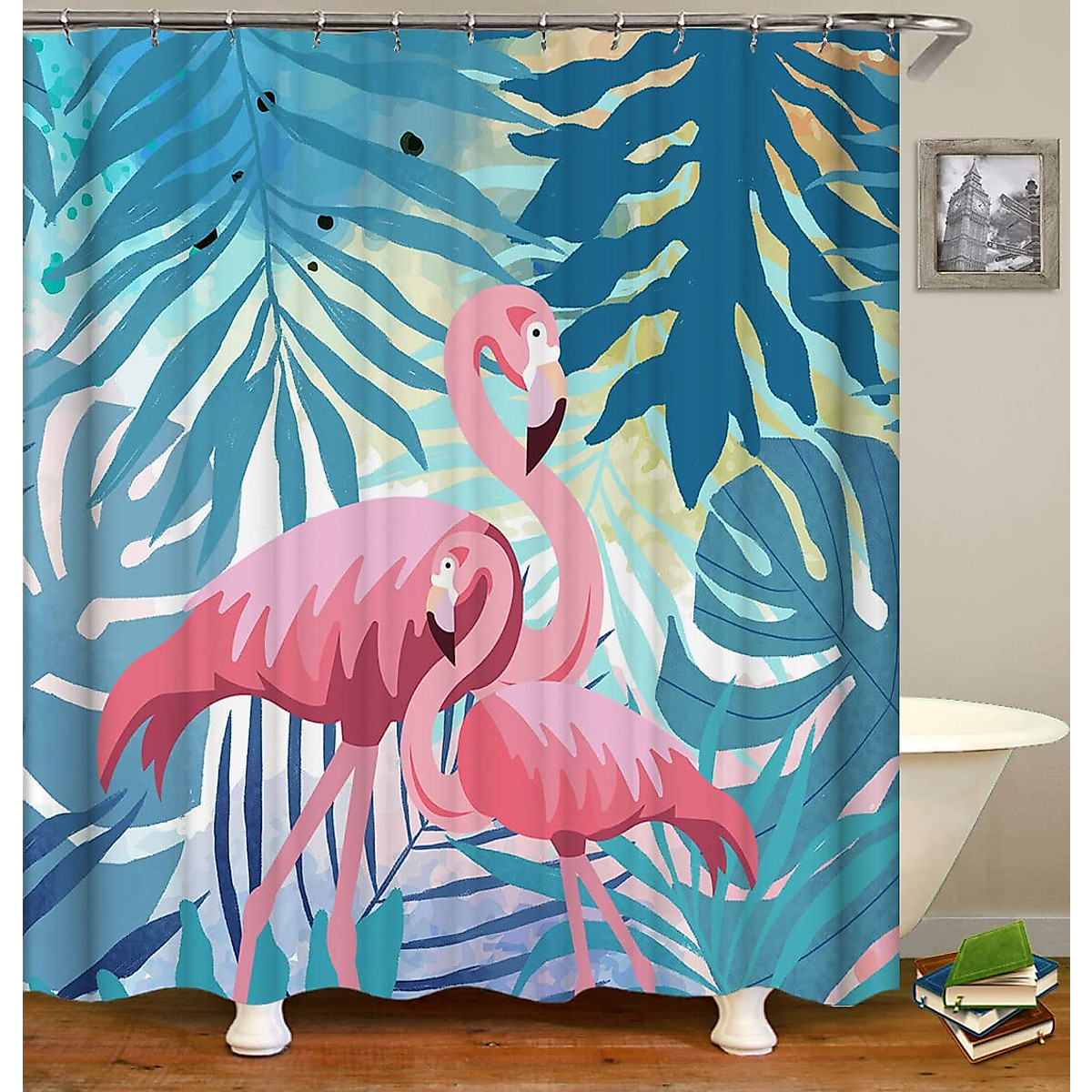 Shower Curtains, Funny Pink Flamingo Green Monstera Tropical Birds Green Palm Banana Leaf Bath Curtain 72 x 72 Inch Polyester Fabric Bathroom Curtain Set with 12 Hooks