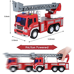 DAMEING Fire Truck Toys, Realistic Fire Engine Toys with Lights and Sounds for Kids 3-12 Year Old Boys Girls, Extending Rotating Ladder Friction Powered Vehicles for Toddler, 1:16 Scale