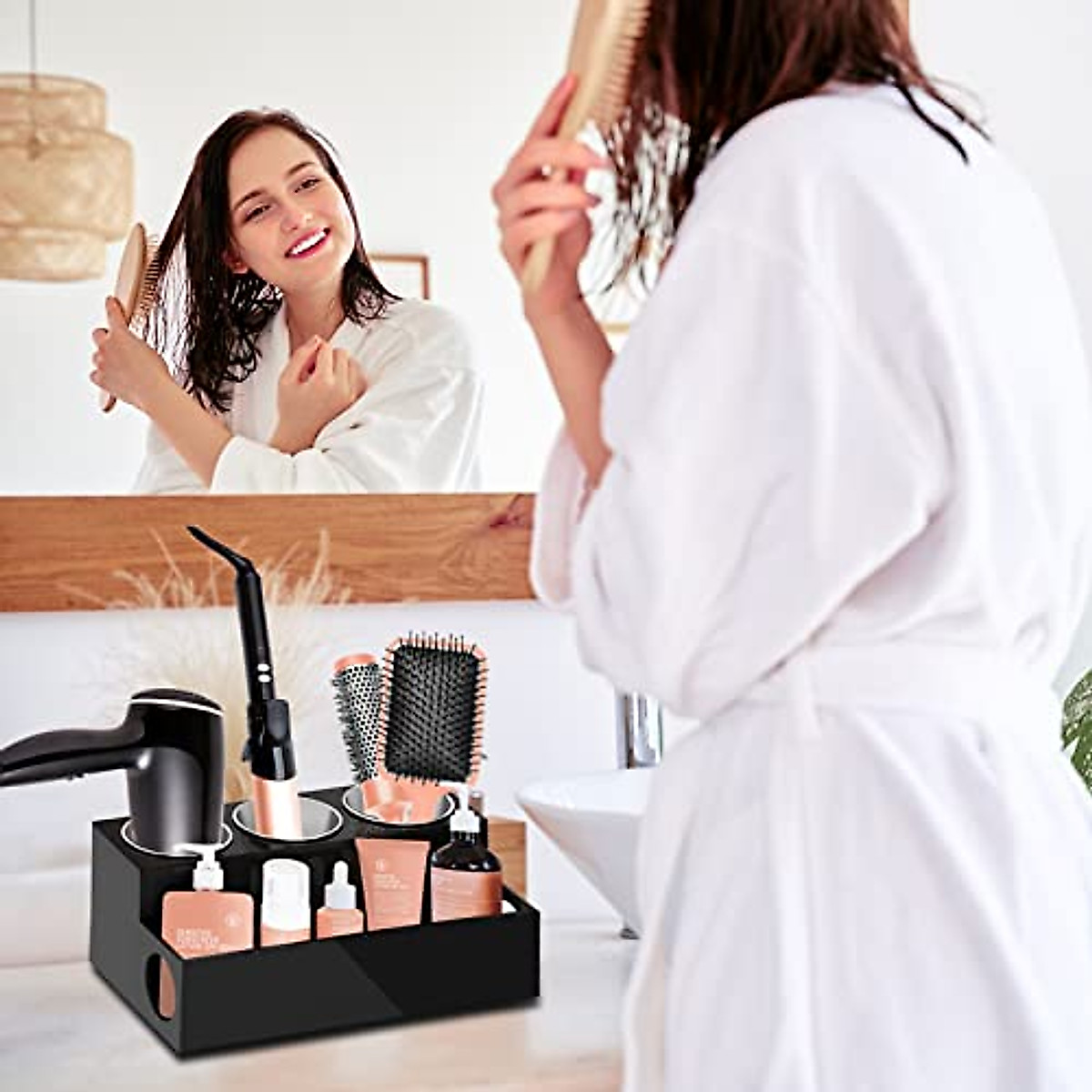 NoceBy Acrylic Hair Dryer Organizer, Black Hair Dryer Hair Styling Tools and Accessories Holder, Bathroom Storage Makeup Vanity Bathroom Organizer Countertop