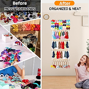 AILIKESE 5 Rows Hair Bow Organizer Bow Holder for Girls Hair Bows Hanging Baby Headband Holder Wooden Bow Organizer Suitable for Wall, Room, Door or Closet (Metal hooks)