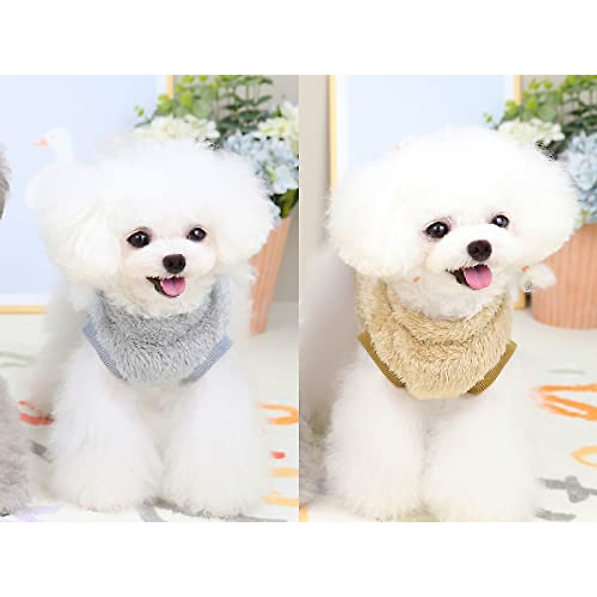 Loyanyy 2 Pack Dog Sweater Vests Warm Fleece Cat Clothes with Leash Ring Plush Cute Puppy Kitten Soft Stretchy Pullover for Winter Brown Grey Large(Tag XL)