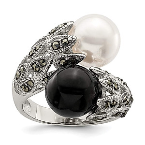 Solid 925 Sterling Silver Marcasite Black and White Plastic Imitation Pearl Ring Band Size 7