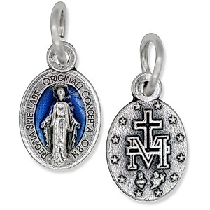 Caritas et Fides Pack of 10 - Mini Miraculous Medal Pendant for Charm Bracelet or Necklace, 1/2" Silver and Blue, Small - Made in Italy