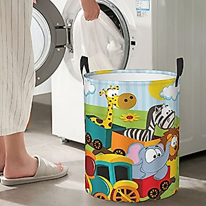 Laundry Basket,Cartoon Baby Safari Wild Animals In A Train With Striped Backdrop Toys Artwork,Large Canvas Fabric Lightweight Storage Basket/Toy Organizer/Dirty Clothes Collapsible Waterproof For College Dorms-Large