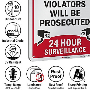 SmartSign 18" x 12" 'Warning - No Dumping, Minimum Fine USD 500, Violators Prosecuted, 24 Hour Surveillance' Metal Sign, 63 mil Aluminum, 3M Laminated Engineer Grade Reflective, USA-Made