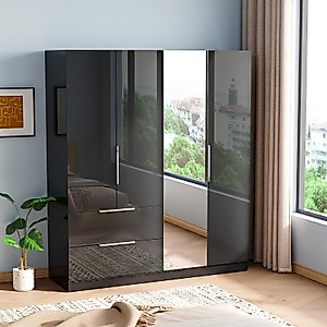 VINGLI 72.8" H Wardrobe Closet with Mirror, High Gloss 4 Door Armoire with 2 Drawers, Wardrobe Cabinet with Hanging Rod & Shelves, Modern Black Freestanding Armoire Wardrobe Closet for Bedroom, Wood