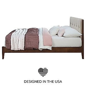 DG Casa Dickens Mid Century Modern Upholstered Platform Bed Frame with Button Tufted Headboard and Full Wooden Slats, Box Spring Not Required - Queen Size in Beige Fabric