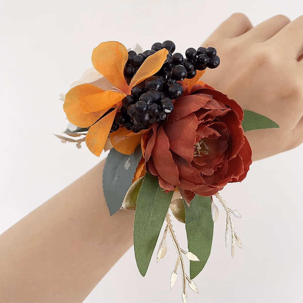 Rinlong Set of 6 Burnt Orange Wrist Corsage Wristlet Band Bracelet Wrist Flowers Wedding Bride Bridesmaid Flower Accessories Decoration