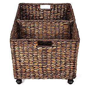 BIRDROCK HOME Rolling Storage and Recycling Bin - Brown Wash - Handwoven - Divided Decorative Cart - Kitchen - Paper Cans Glass Plastic Sorter - Toy Blanket Storage