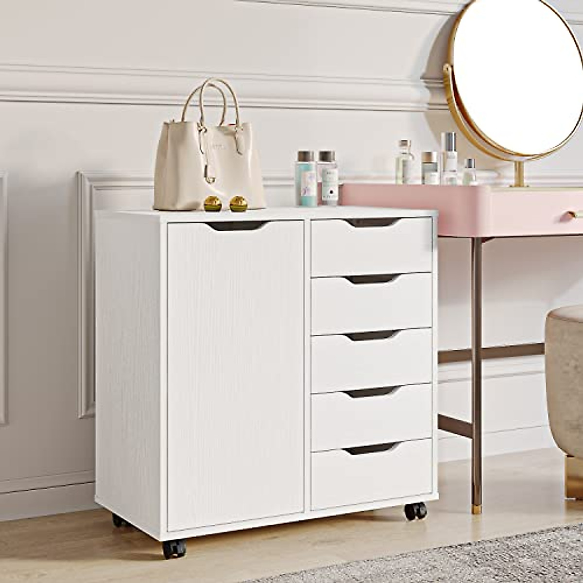 Panana 5-Drawer Chest with 1 Door, Wooden Chest of Drawers Storage Dresser Cabinet with Wheels, Office Organization and Storage, Bedroom Furniture