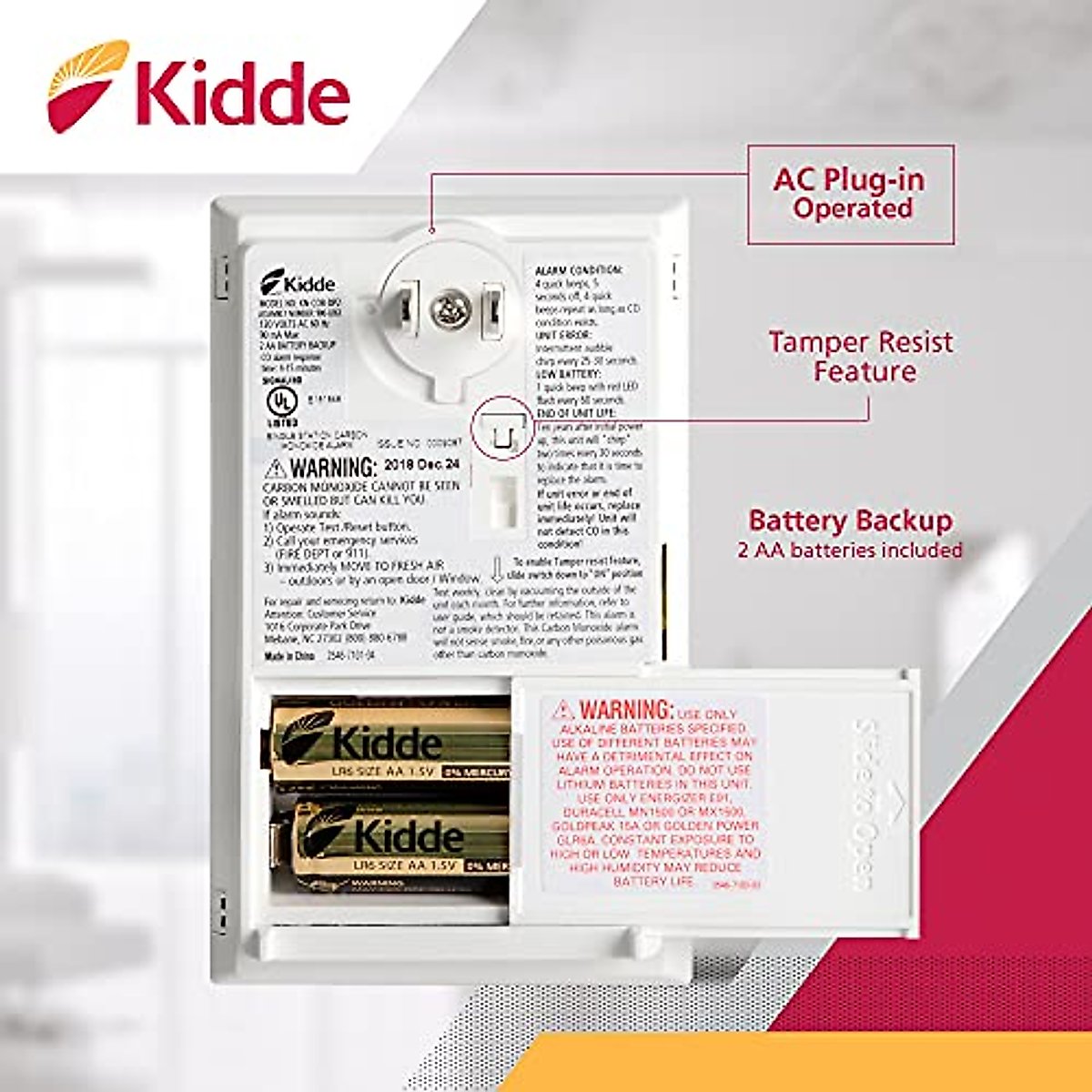 Kidde Carbon Monoxide Detector, AC Plug-in with Battery Backup, CO Alarm with Replacement Alert & Smoke Detector, Battery Powered with Test Button