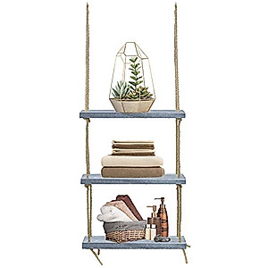 Sorbus Wood Hanging Shelf 3-Tier Rustic Wood Swing Storage Shelves Rope Organizer Rack, Floating Display Shelves (Grey)