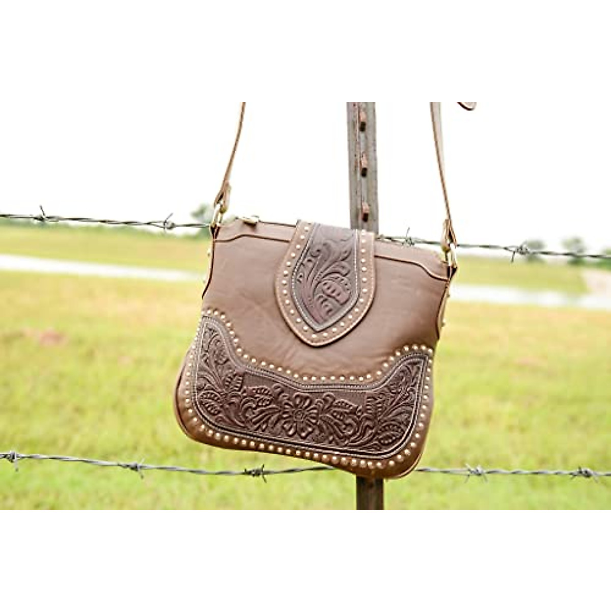 Concealed Carry Tooled Leather Crossbody Purse - Black