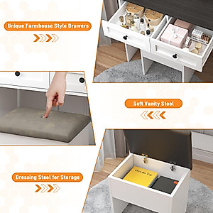 Makeup Vanity Desk with Mirror and Lights - 31.5'' White Vanity Set with Power Outlet & 2 Drawers, 3 Color Lighting Mode, Bedroom Small Space Vanity Table for Girl, Women, Storage Stool Included