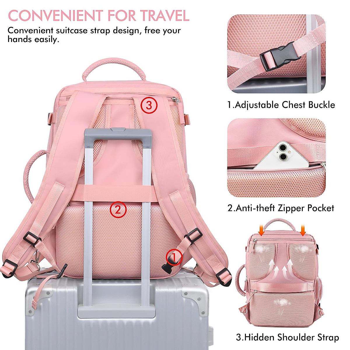 Beraliy Large Travel Backpack for Women, Personal Item Bag Airline Approved, Carry On Luggage, 17.3 inch Laptop Backpack, Waterproof Backpack,Hiking Backpack, Pink